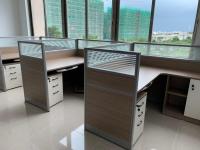China CUSTOM L-SHAPE MODULAR OFFICE CUBICLE DESK | FROSTED GLASS PARTITION STAFF WORKSTATION WITH MOBILE PEDESTAL & SIDE CABINET, CHINA FACTORY WHOLESALE OFFICE FURNITURE for sale