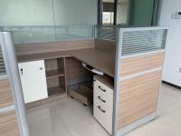China CUSTOM L-SHAPE MODULAR OFFICE CUBICLE DESK | FROSTED GLASS PARTITION STAFF WORKSTATION WITH MOBILE PEDESTAL & SIDE CABINET, CHINA FACTORY WHOLESALE OFFICE FURNITURE for sale