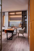 China MODERN WHOLE HOUSE HOME INTERIOR DESIGN | CUSTOM BUILT-IN FIXED LEATHER WARDROBE DISPLAY CABINET & ORANGE MOVABLE WRITING DESK CHAIR  INTEGRATED FIXED STORAGE WARDROBE CABINET for sale