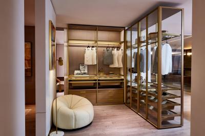 China WHOLE HOUSE HOME DECORATION FURNISHING SOLUTION | LUXURY WALK-IN CLOSET INTERIOR DESIGN | CUSTOM GOLD FRAME GLASS FIXED WARDROBE CABINET & MATCHING MOVABLE BEAN BAG CHAIR HOME FURNITURE for sale