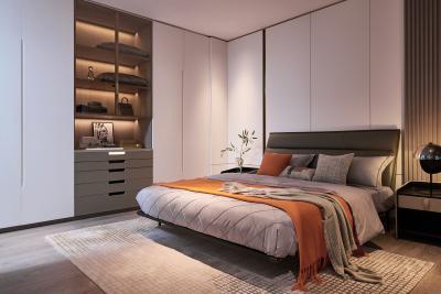 China OEM/ODM CHINA WHOLE HOUSE HOME DECORATION FURNISHING SOLUTION | MODERN MASTER BEDROOM INTERIOR DESIGN | CUSTOM BUILT-IN FIXED WARDROBE DRESSER CABINET & LEATHER MOVABLE BED HOME FURNITURE SET for sale
