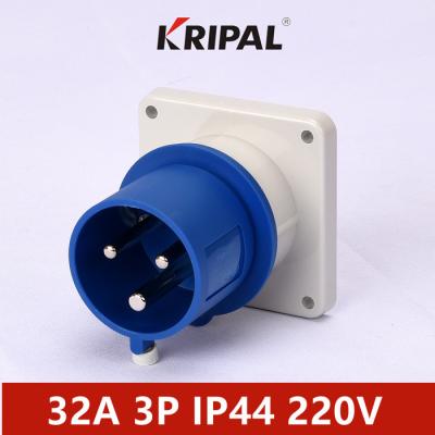 China IEC standard 32A 220V Single Phase Industrial Panel Mounted Plug Blue for sale