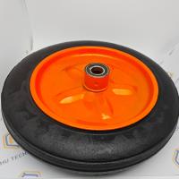 China 14 inch 3.50-8 polyurethane pu foam flat free solid rubber tire wheel with 12/16/20/25mm bearings all terrain for sale