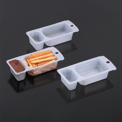 China Hengmaster Disposable Coconut Spread &Pretzels Two Caompartment Tray Chocolate Biscuit Blister Plastic Tray Packaging for sale