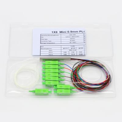 China 1x8 Steel Tube PVC G657A1 0.9mm 1m SC/APC Fiber Optic PLC Splitter for sale