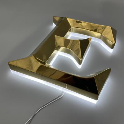 China Outdoor Store front Sign 3D Backlit Acrylic Gold mirror Metal Light Up Led Channel Alphabet Letter Sign for sale