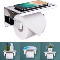 China Black 304 Stainless Steel Hole-Free Toilet Paper Holder with Phone Shelf 13.8x9.5cm for sale