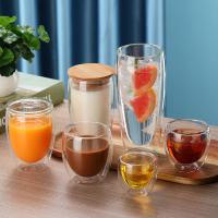 China 250ml 350ml 450ml Double Wall Glass Coffee Mugs with Bamboo Lid Borosilicate for sale