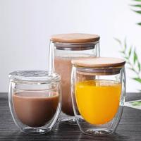 China 250ml 350ml 450ml Double Wall Glass Coffee Mugs with Bamboo Lid Borosilicate for sale