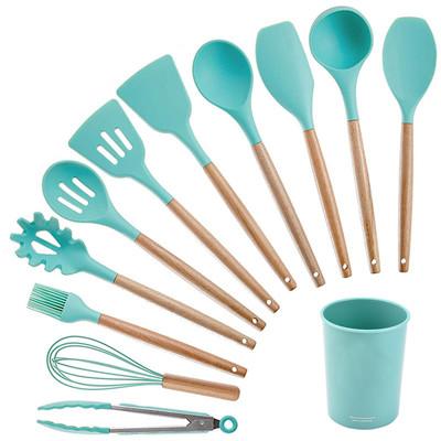 China Green Silicone Kitchen Cooking Utensils Set 11 Piece with Wooden Bamboo Handles Heat Resistant 446F for sale