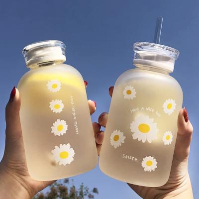 China 480ml Borosilicate Glass Water Bottle with Scale Portable Transparent Cup 2 Lids for sale