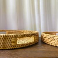 China Multifunction Hand Woven Rattan Round Serving Tray Serving Basket With Cut for sale