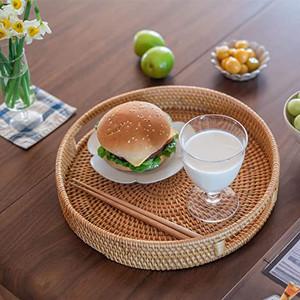 China Multifunction Hand Woven Rattan Round Serving Tray Serving Basket With Cut for sale
