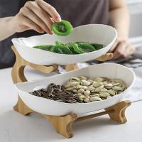 China White Green 2 Tier Ceramic Fruit Bowl with Bamboo Wood Stand for Kitchen Counter for sale