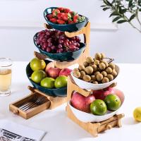 China White Green 2 Tier Ceramic Fruit Bowl with Bamboo Wood Stand for Kitchen Counter for sale
