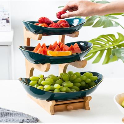 China White Green 2 Tier Ceramic Fruit Bowl with Bamboo Wood Stand for Kitchen Counter for sale