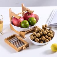 China White Green 2 Tier Ceramic Fruit Bowl with Bamboo Wood Stand for Kitchen Counter for sale