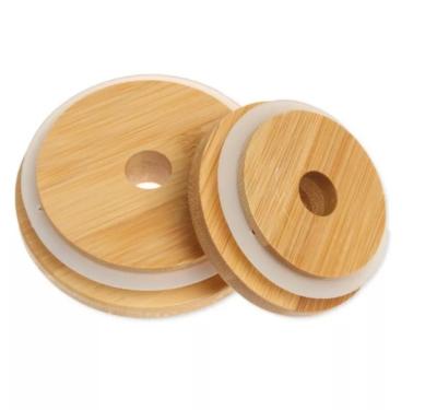 China Natural Bamboo Mason Jar Lids 70mm 86mm with Straw Hole and Silicone Seal for Regular Mouth Jars for sale