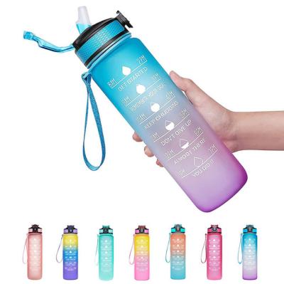 China 32 oz Tritan Water Bottle with Straw BPA Free 1000ml Leak Proof Time Marker for sale