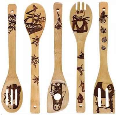 China Laser Engraved Bamboo Kitchen Utensil Set 5 Piece 30cm Eco Friendly Cooking Spoons for sale