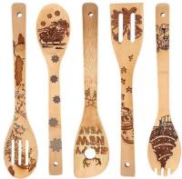 China Laser Engraved Bamboo Kitchen Utensil Set 5 Piece 30cm Eco Friendly Cooking Spoons for sale