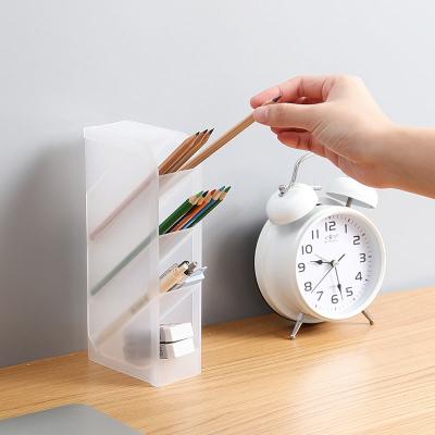 China Rectangular Plastic Desktop Organizer Pen Holder 4 Compartment Makeup Storage Box White for sale