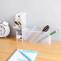 China Rectangular Plastic Desktop Organizer Pen Holder 4 Compartment Makeup Storage Box White for sale