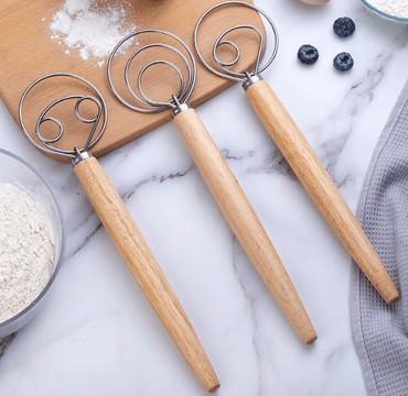 China Stainless Steel Dough Whisk 33.5cm with Wooden Handle for Bread Pizza Baking Tool for sale