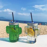 China 400ml Glass Cactus Water Cup with Straw Summer Juice Drinkware for sale