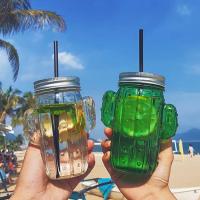 China 400ml Glass Cactus Water Cup with Straw Summer Juice Drinkware for sale
