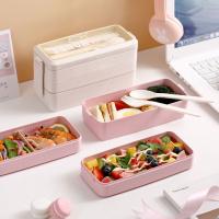 China Wheat Straw 3 Layer Rectangle Lunch Box with Fork and Spoon 1200ml BPA Free for sale