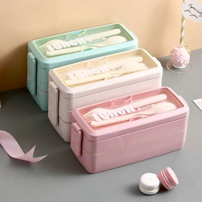 China Wheat Straw 3 Layer Rectangle Lunch Box with Fork and Spoon 1200ml BPA Free for sale