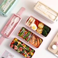 China Wheat Straw 3 Layer Rectangle Lunch Box with Fork and Spoon 1200ml BPA Free for sale