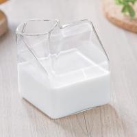 China 12oz Borosilicate Glass Milk Carton Cup Mini Clear Drinking Glass Square Custom Logo for sale
