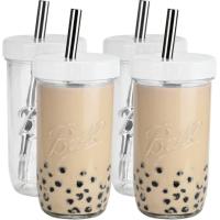 China Wide Mouth Glass Tea Reusable Smoothie Cups 16oz 24oz with Straw for sale