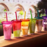China 450ml Transparent Double Wall Plastic Drinking Tumbler with Straw and Lid BPA Free for sale