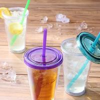 China 450ml Transparent Double Wall Plastic Drinking Tumbler with Straw and Lid BPA Free for sale
