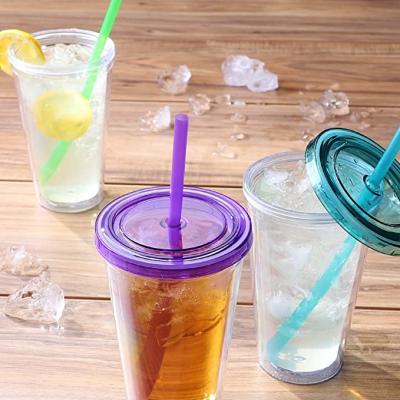 China 450ml Transparent Double Wall Plastic Drinking Tumbler with Straw and Lid BPA Free for sale