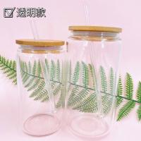 China 12oz 16oz 25oz Glass Juice Cup with Bamboo Lid and Straw Reusable Drinking Cup for sale