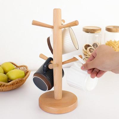 China Wooden Coffee Mug Rack Countertop Tree with 6 Hooks Natural Beech Storage Holder for sale