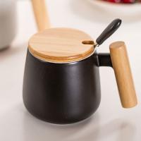 China 400ml Ceramic Coffee Mug with Wooden Handle Lid and Spoon for Home Office for sale