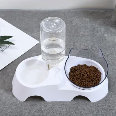 China Plastic Double Pet Food Bowl Set with Automatic Waterer Bottle 17oz 15 Degree Tilt for sale
