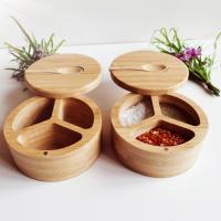 China Natural Bamboo Salt Box with Spoon 3 Compartment Spice Storage Container 14 cm for sale