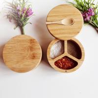 China Natural Bamboo Salt Box with Spoon 3 Compartment Spice Storage Container 14 cm for sale
