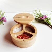 China Natural Bamboo Salt Box with Spoon 3 Compartment Spice Storage Container 14 cm for sale