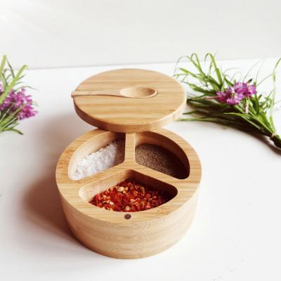 China Natural Bamboo Salt Box with Spoon 3 Compartment Spice Storage Container 14 cm for sale