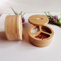 China Natural Bamboo Salt Box with Spoon 3 Compartment Spice Storage Container 14 cm for sale