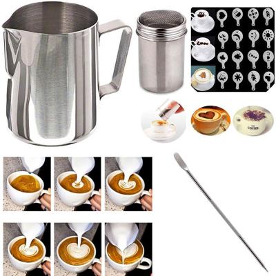 China Custom 12oz Stainless Steel Milk Frothing Pitcher with 16pcs Barista Coffee Stencils Set for sale