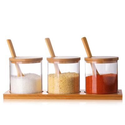 China Glass Spice Jars Bulk 10oz with Bamboo Lid Spoon Set of 3 Reusable Seasoning Containers for sale