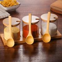China Glass Spice Jars Bulk 10oz with Bamboo Lid Spoon Set of 3 Reusable Seasoning Containers for sale